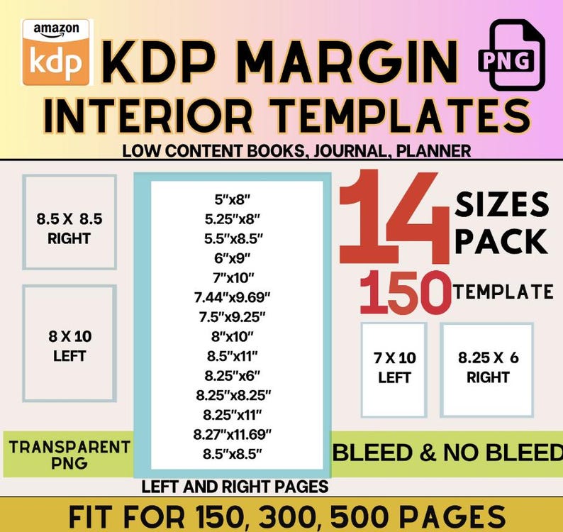 14 Sizes KDP Interior Templates for Margins - 5" X 8 to 8.25" X 11 ...