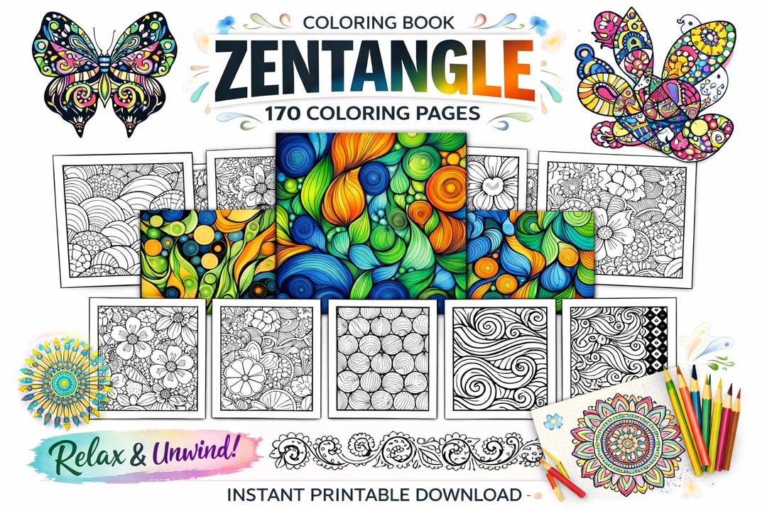 170 Zentangle Patterns Coloring Book, Printable Doodle Art Tracing ...