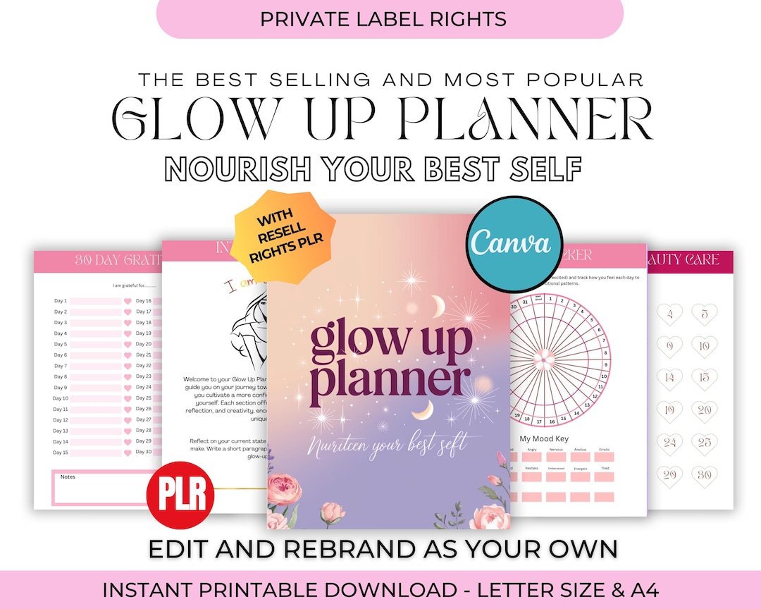 PLR Glow up Planner, Self-care Planner Daily, Weekly, Monthly Planner ...