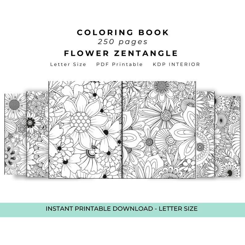 250 Flowers Zentangle Coloring Book Bundle Printable KDP Interior ...