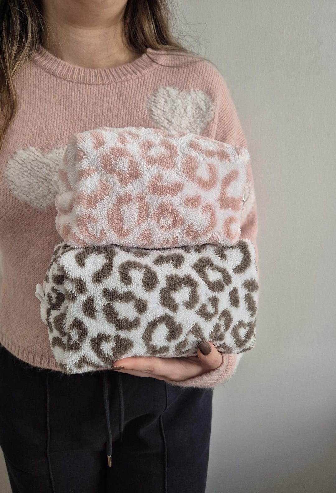 Brown and Pink Leopard Teddy Plush Makeup Bag, Travel Organizer, Makeup ...