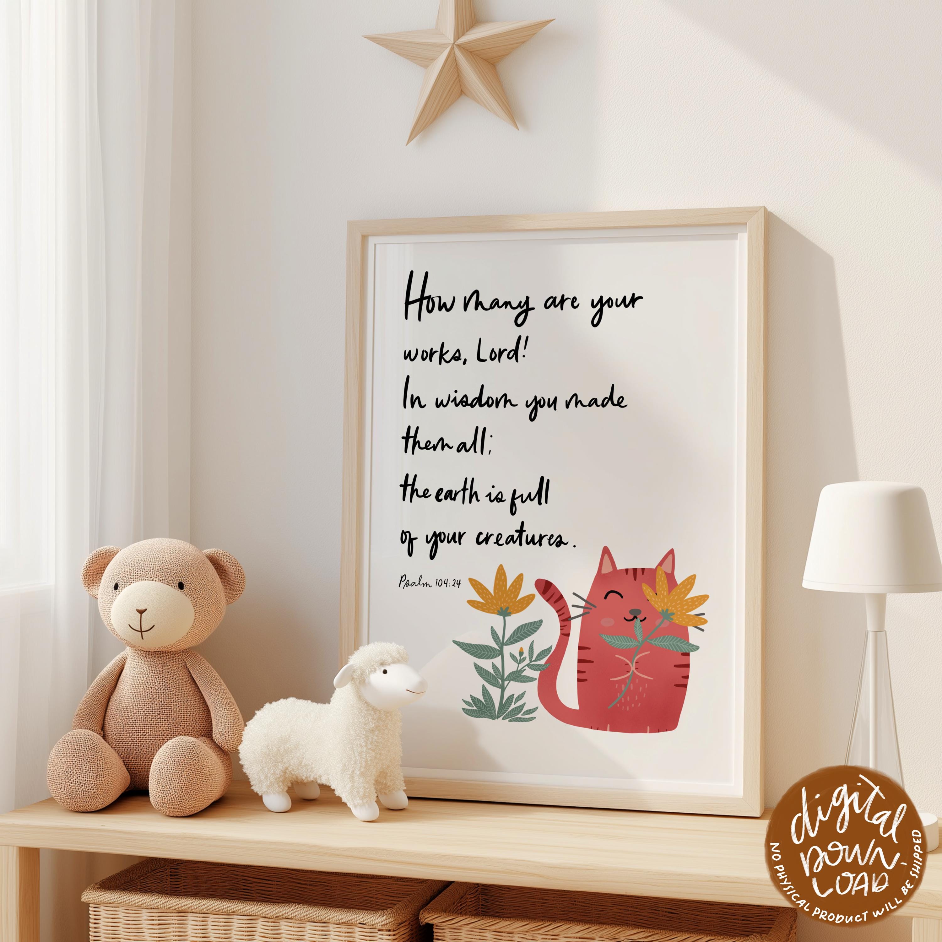 Hand Drawn Cat Bible Verse; Psalm 104:24; Scripture Art for Kids Room ...