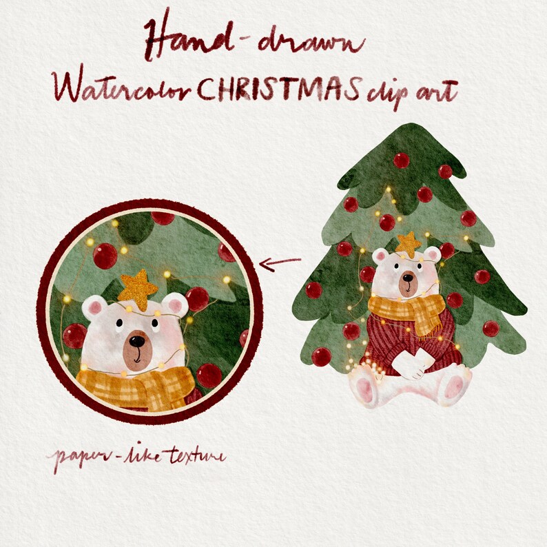Hand-painted Watercolor Bear With Christmas Tree Clip Art; for ...