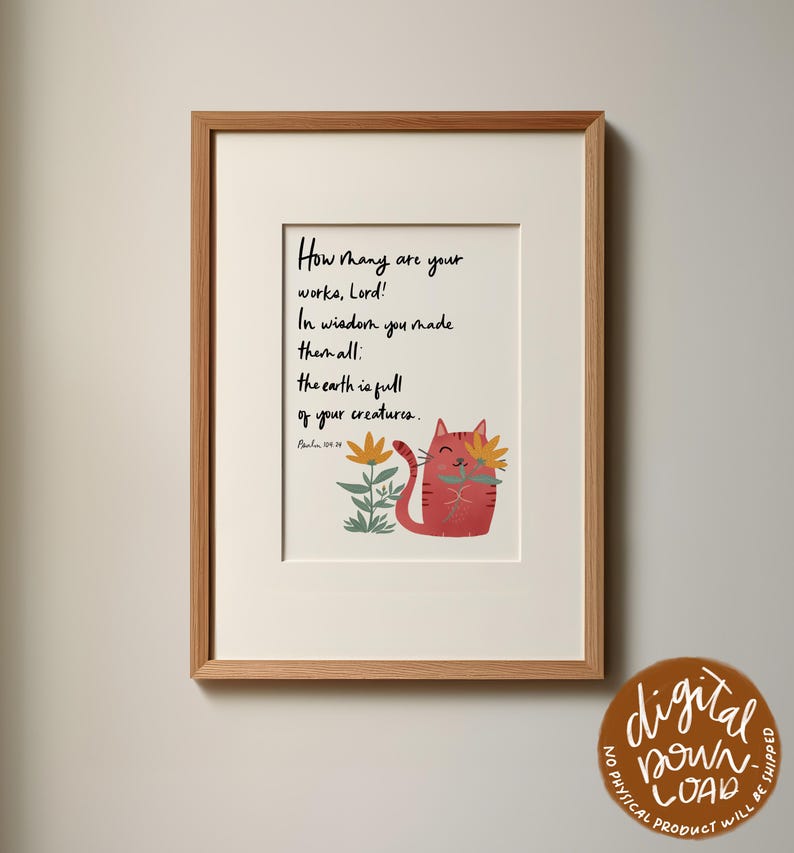 Hand Drawn Cat Bible Verse; Psalm 104:24; Scripture Art for Kids Room ...