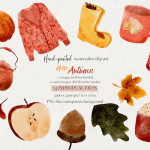 Hand Drawn Watercolor Autumn Clip Art for Designing; Autumn Digital ...