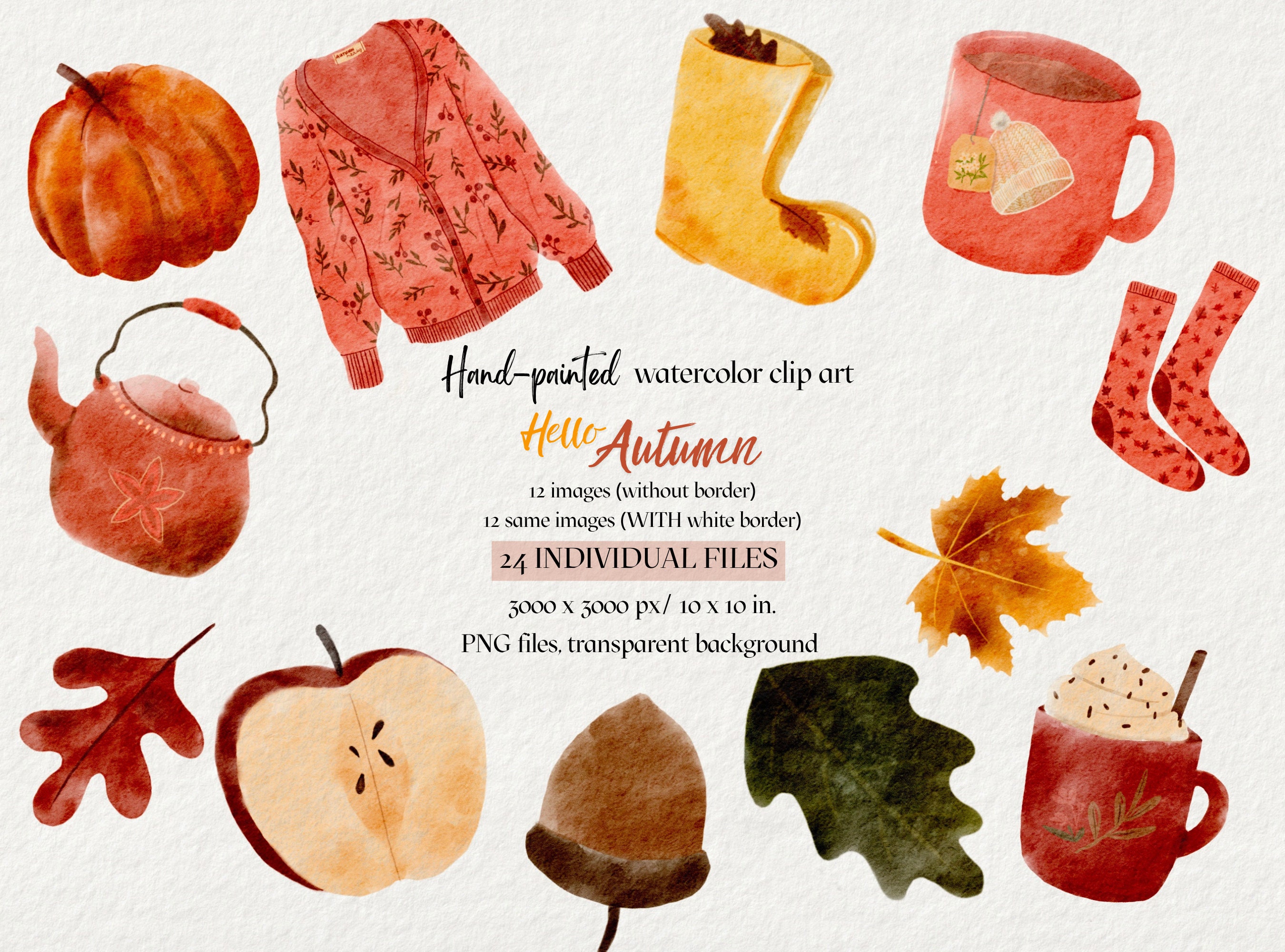 Hand Drawn Watercolor Autumn Clip Art for Designing; Autumn Digital ...