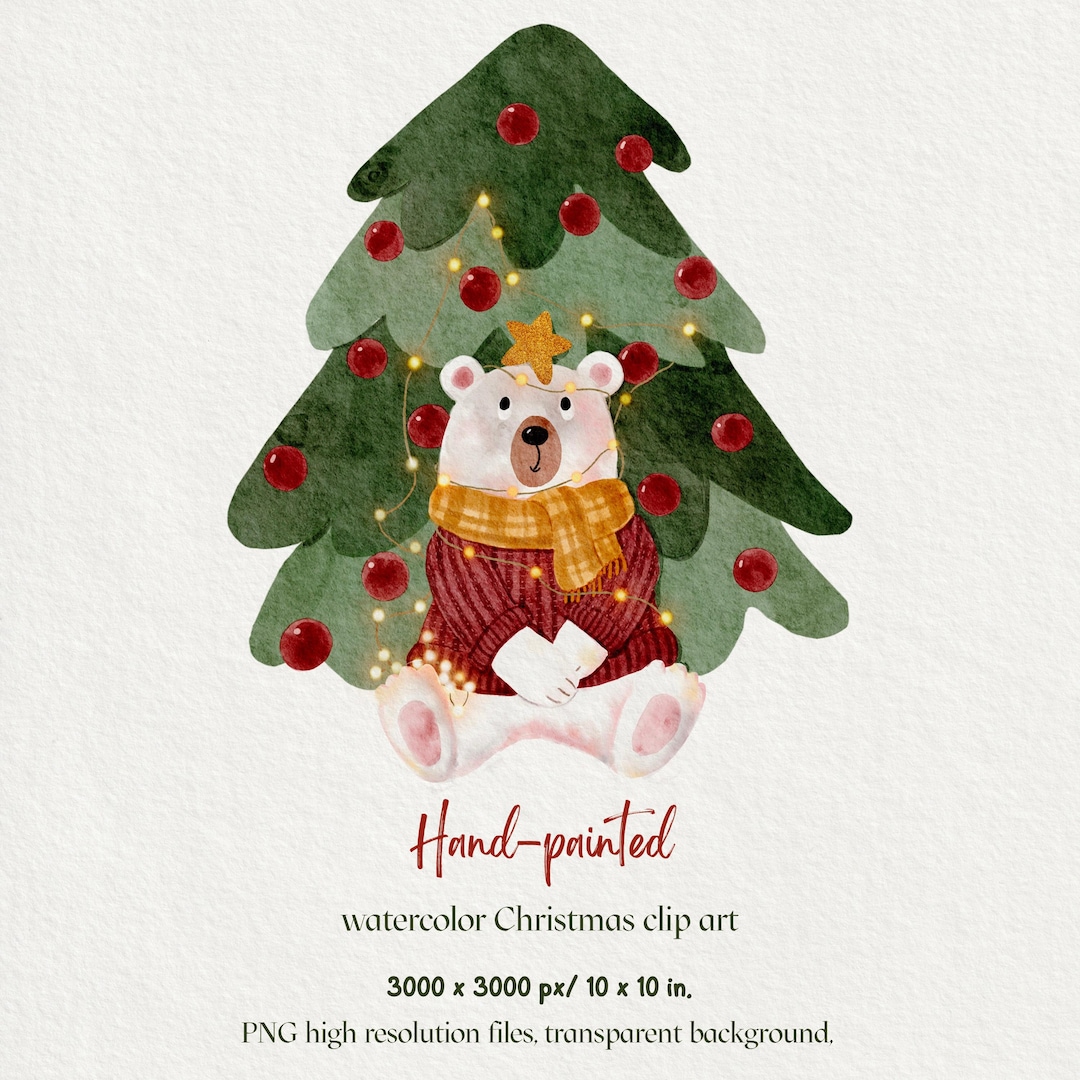 Hand-painted Watercolor Bear With Christmas Tree Clip Art; for ...