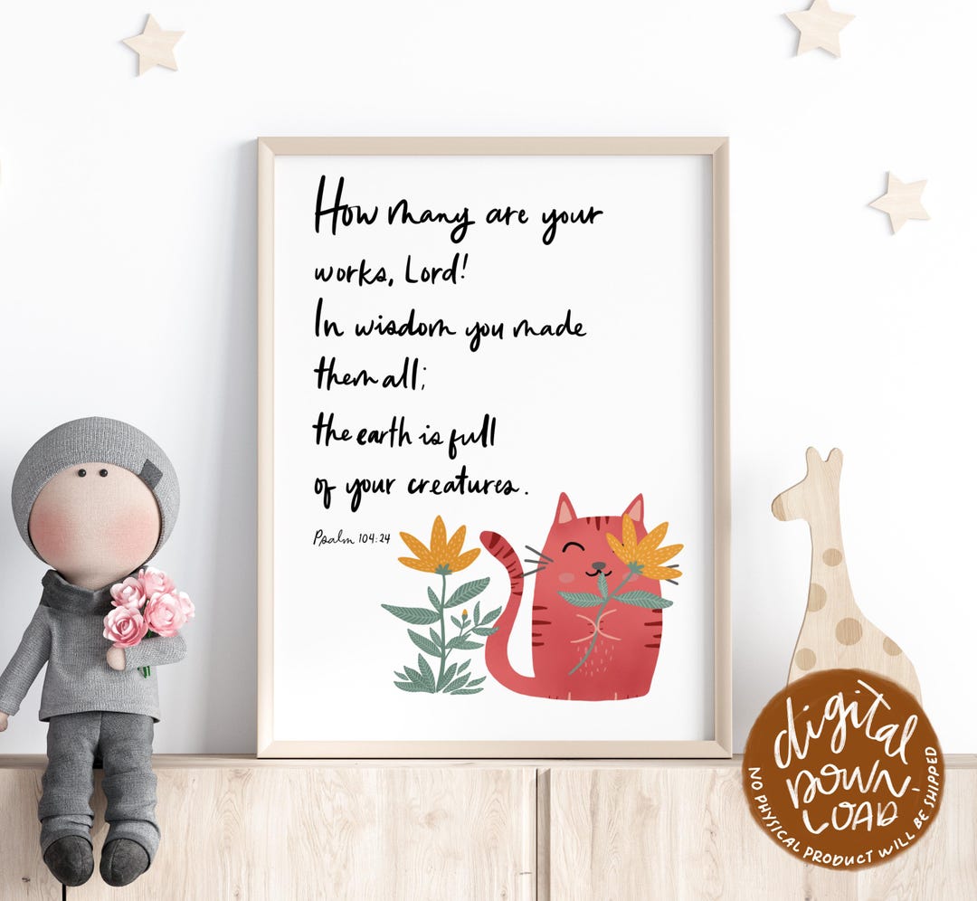 Hand Drawn Cat Bible Verse; Psalm 104:24; Scripture Art for Kids Room ...
