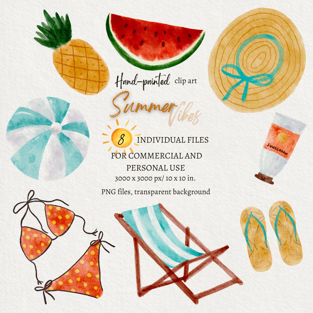8 Pieces Hand-drawn Watercolor Summer Clipart; Beach Digital Sticker ...