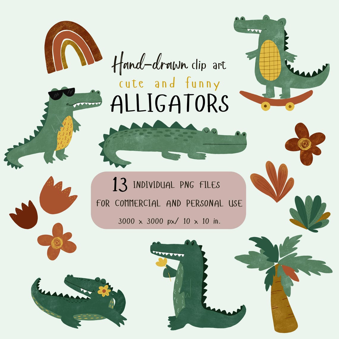 Cute Alligator Clip Art; Hand-drawn PNG Bundle for Kids, Jungle Party ...