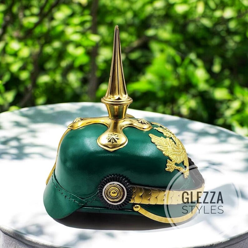 Green Prussian WW2 Leather Helmet German Officer Pickelhaube Helmet ...