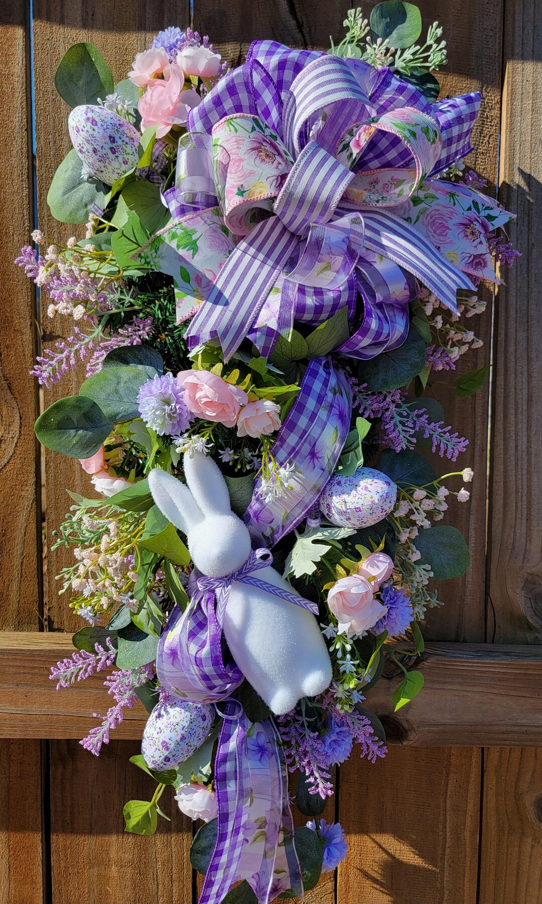 Purple Easter Bunny Tear Drop Swag, Spring Wreath, Easter Wreath, White ...