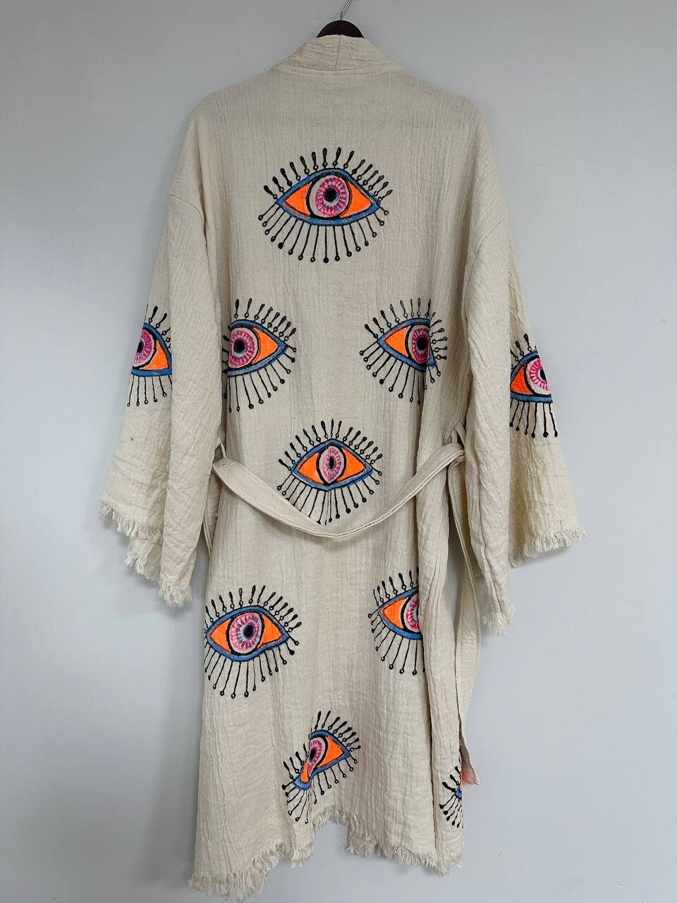 Evil Eye Bath Robe, Boho Handmade Wood Block Printed Muslin Kimono, 100 ...