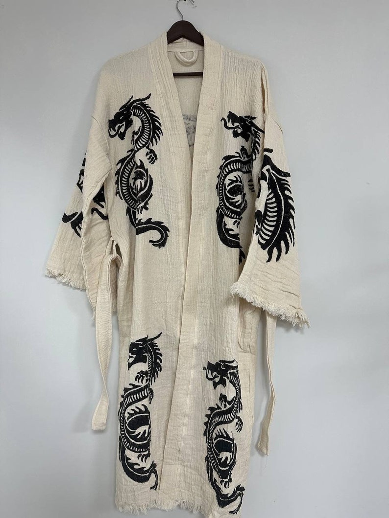 Babada Home Boho Handmade Wood Block Printed Muslin Kimono, 100% Cotton ...