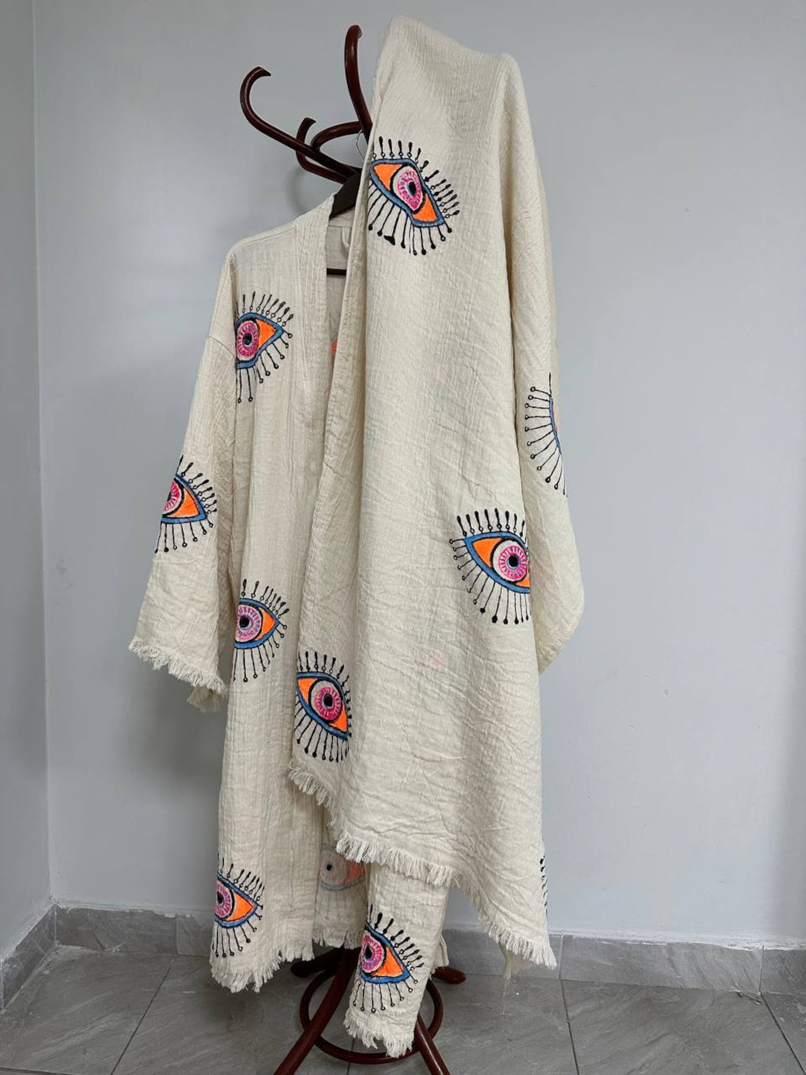 Evil Eye Bath Robe, Boho Handmade Wood Block Printed Muslin Kimono, 100 ...
