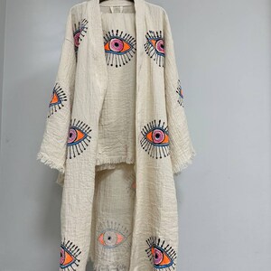 Evil Eye Bath Robe, Boho Handmade Wood Block Printed Muslin Kimono, 100 ...