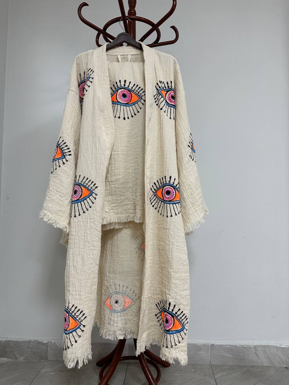Evil Eye Bath Robe, Boho Handmade Wood Block Printed Muslin Kimono, 100 ...