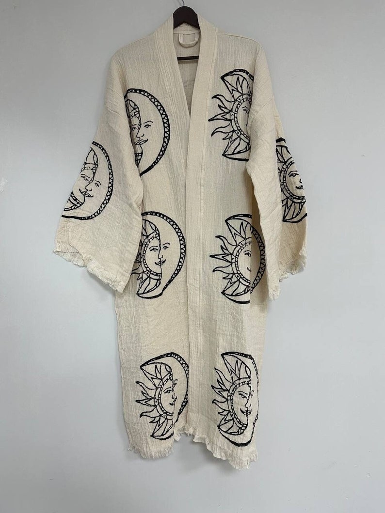 Babada Home Boho Handmade Wood Block Printed Muslin Kimono, 100% Cotton ...