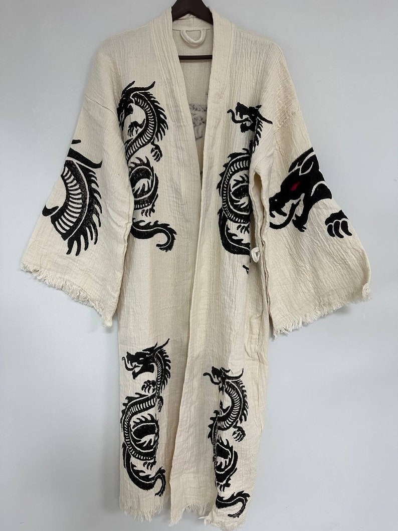 Babada Home Boho Handmade Wood Block Printed Muslin Kimono, 100% Cotton ...