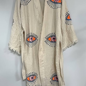 Evil Eye Bath Robe, Boho Handmade Wood Block Printed Muslin Kimono, 100 ...