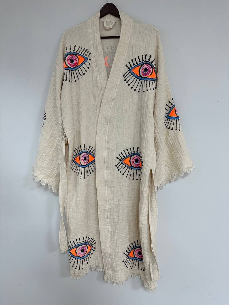Evil Eye Bath Robe, Boho Handmade Wood Block Printed Muslin Kimono, 100 ...