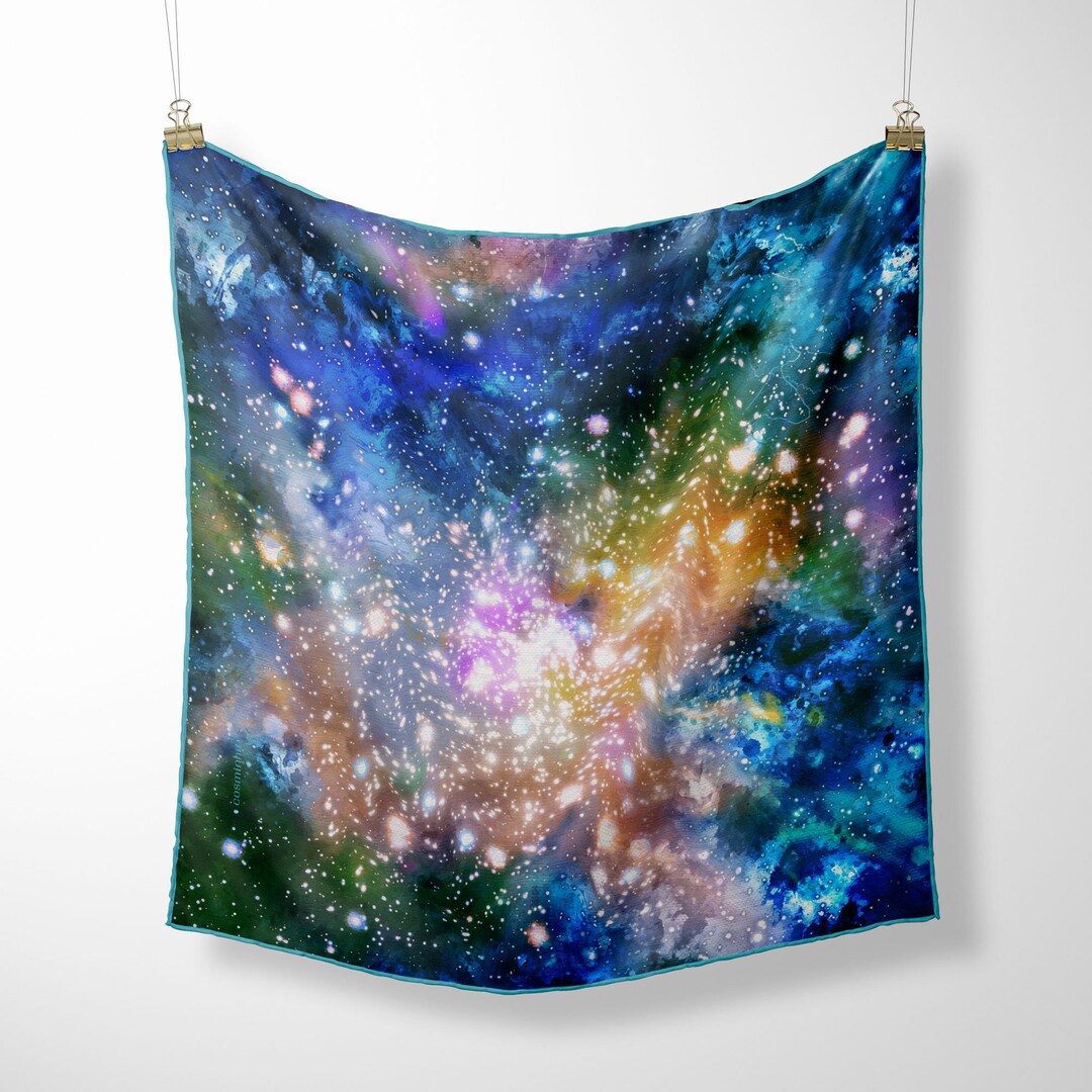 Starry Night Sky Silk Scarf, 90x90 Cm, Multicolor Nebula Print, Italian ...