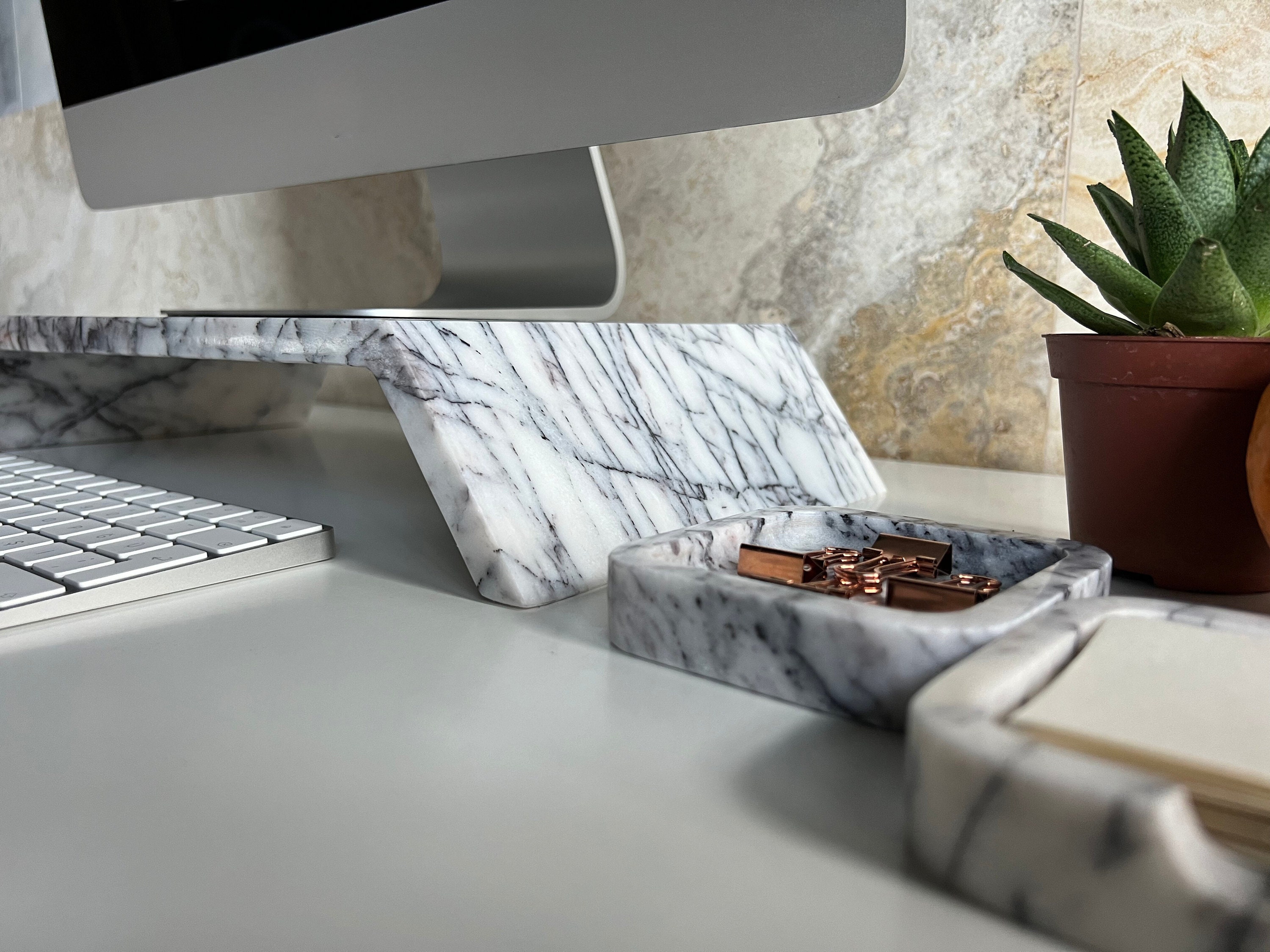 One-of-a-kind Marble Monitor Riser and Desk Organizer Set, Solid Marble ...
