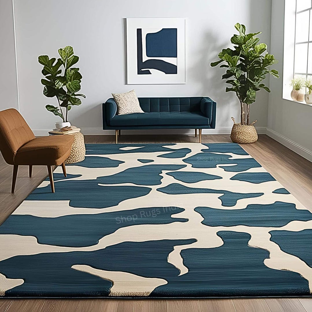 Blue Abstract Hand Tufted Rug for Living Room, Bedroom, Office 100% ...