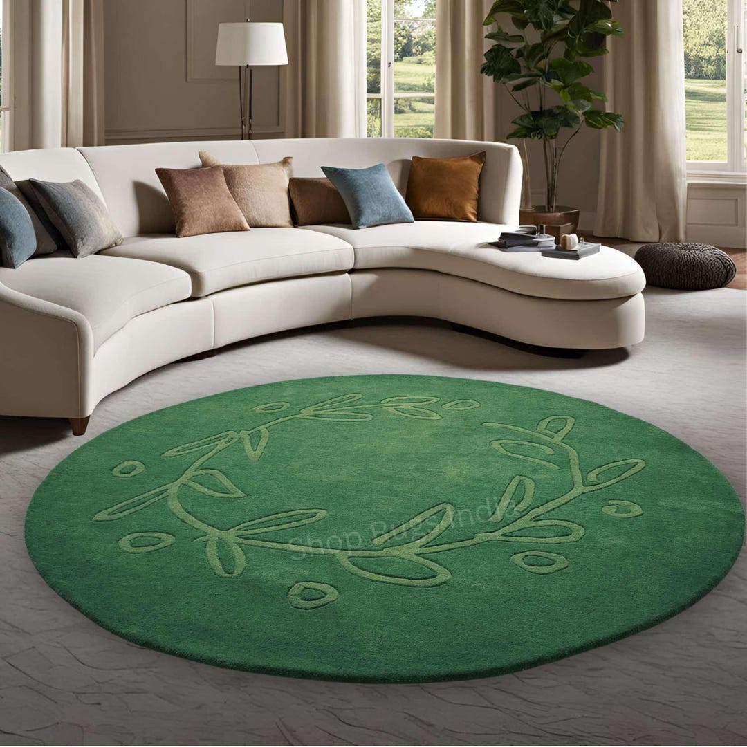 Hand Tufted Wool Round Rug for Living Room Green Soft Pile Floral Area ...