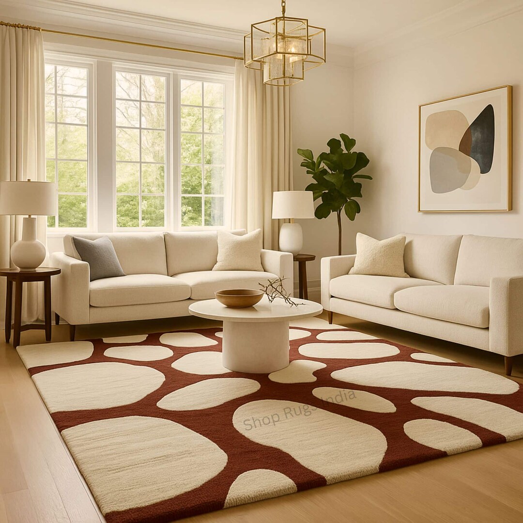 Hand Tufted Wool Area Rug Red and Beige Abstract Blob Design Modern ...