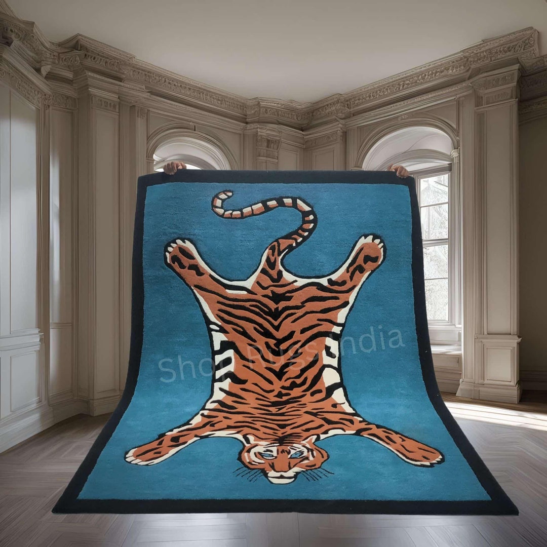 Tufted Wool Tiger Rug: Bengal Style, Blue Accent, Handmade - Etsy