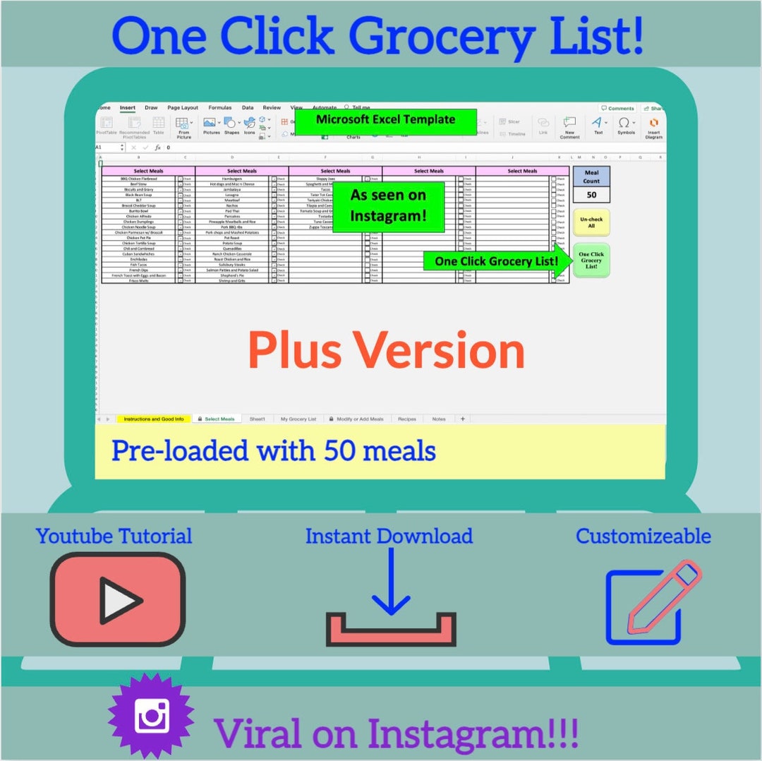 One Click Grocery List Excel Template - Plus. as Seen on Instagram. - Etsy