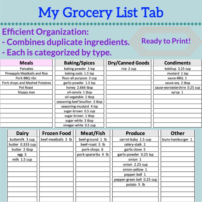 One Click Grocery List Excel Template - Plus. as Seen on Instagram. - Etsy