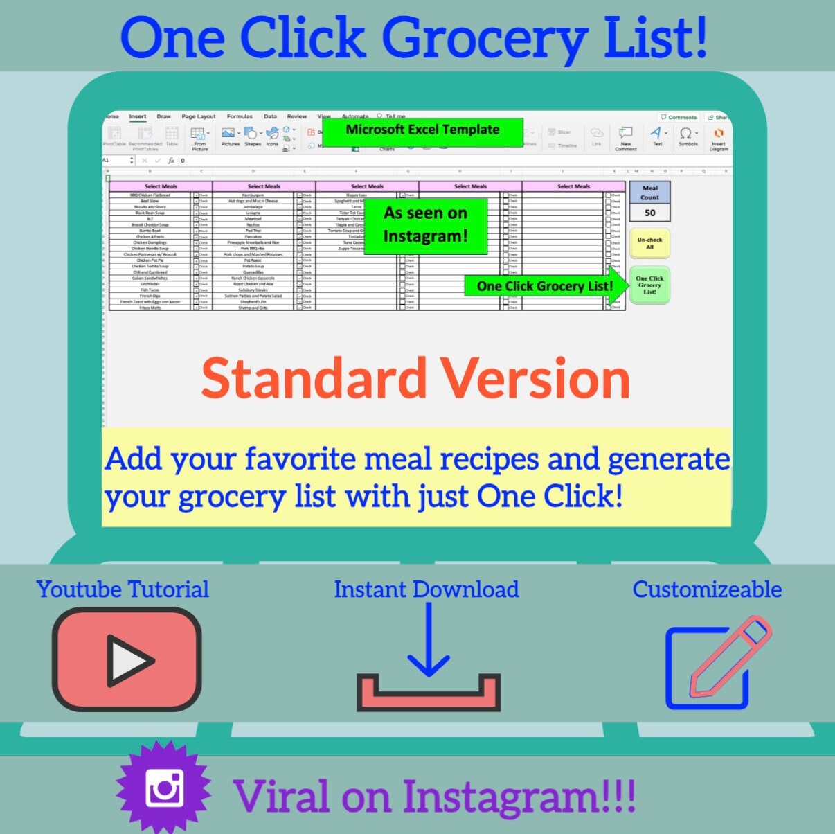 One Click Grocery List Excel Template - Standard. as Seen on Instagram ...