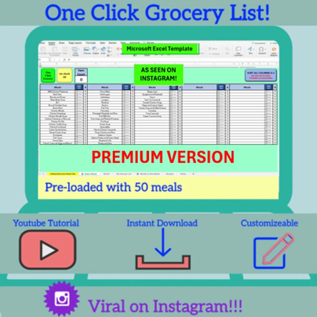 One Click Grocery List Excel Template - Premium Version. as Seen on ...