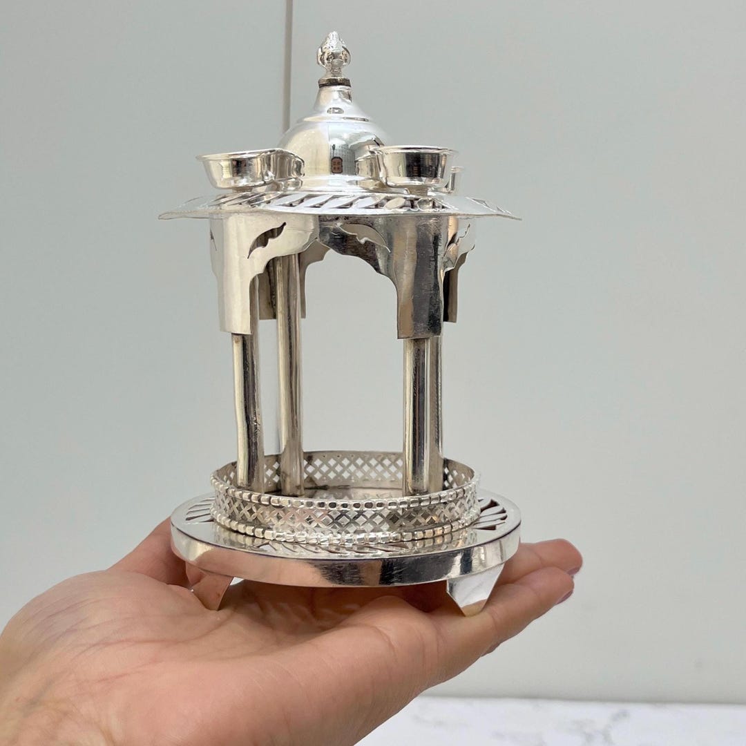 925 Silver Mandir Diya | Pure Silver Pooja Holder With Mini Diyas ...