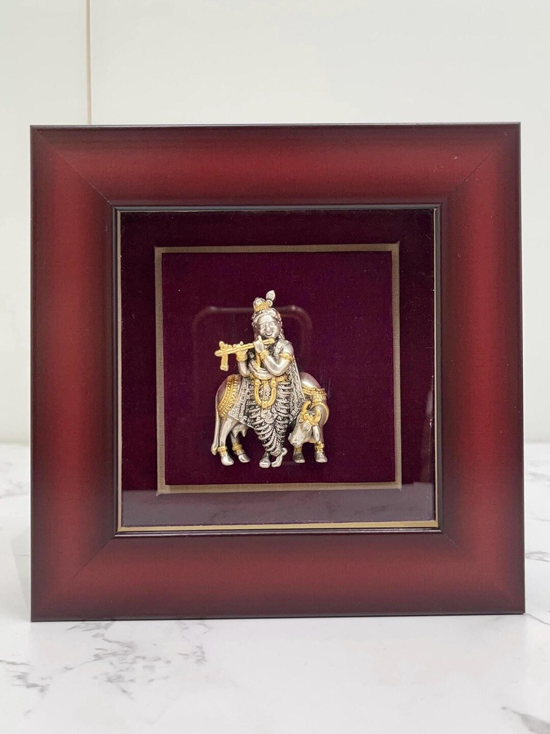 925 Silver Krishna With Cow Wall Frame | Gold-plated Silver Art ...