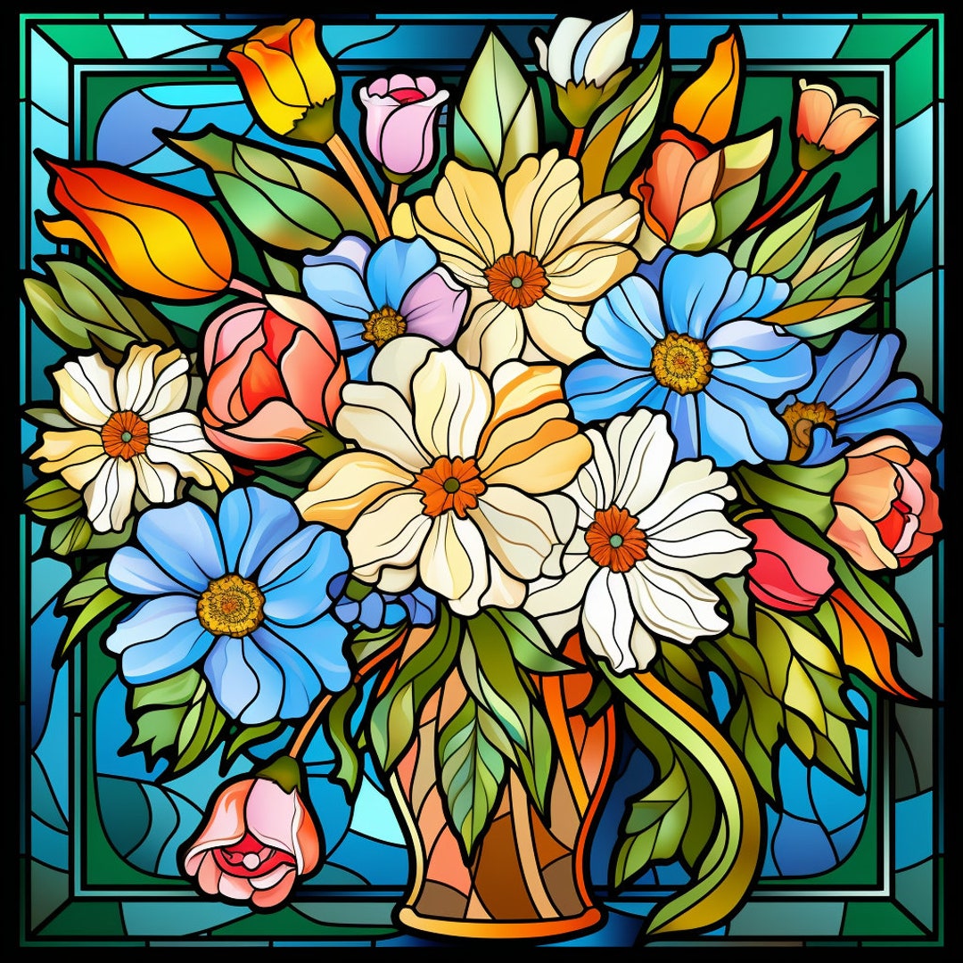Stained Glass Flowers Art Spring Bouquet - Over 100 Files, PNG, Pattern ...