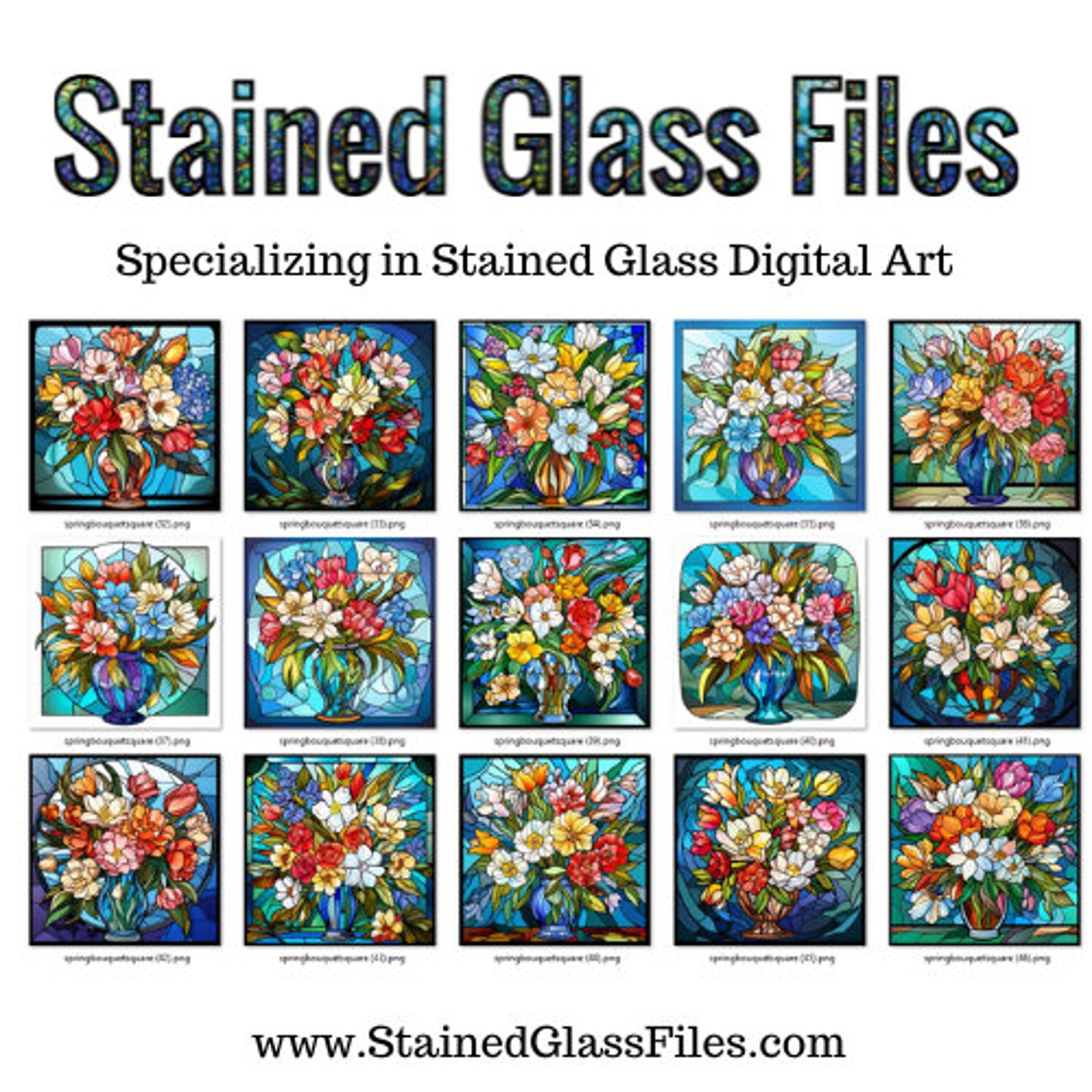 Stained Glass Flowers Art Spring Bouquet - Over 100 Files, PNG, Pattern ...
