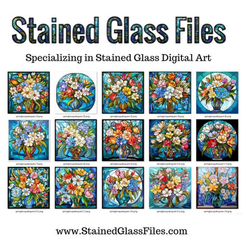 Stained Glass Flowers Art Spring Bouquet - Over 100 Files, PNG, Pattern ...