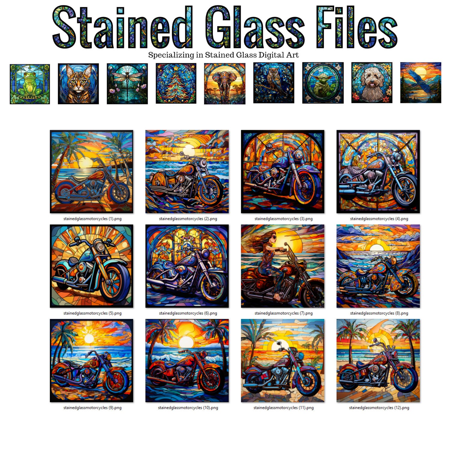 31 Digital Stained Glass Harley Davidson Inspired Motorcycle PNG Square ...
