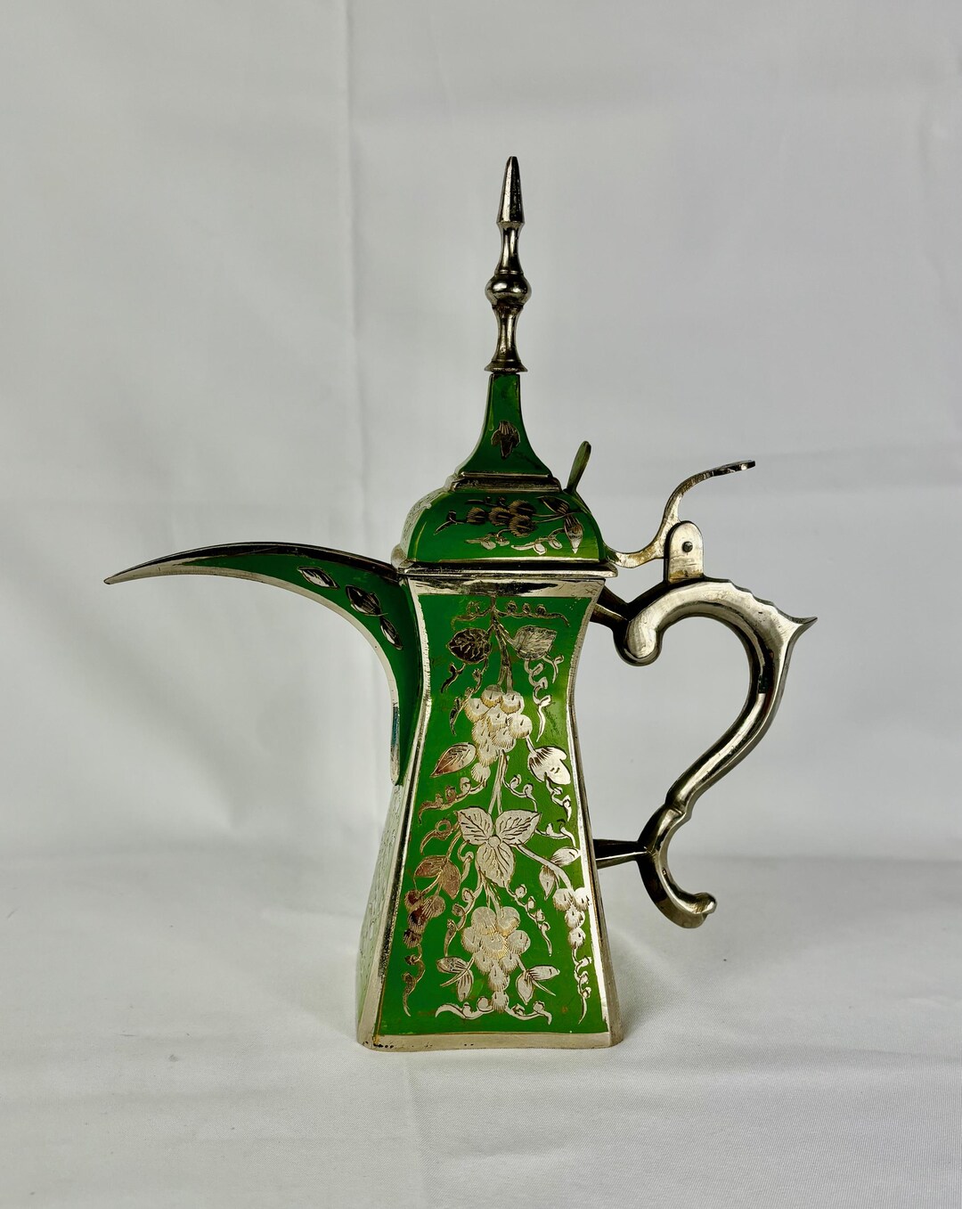 Vintage Arabic Dallah Coffee Pot – Green Enamel With Silver Floral ...