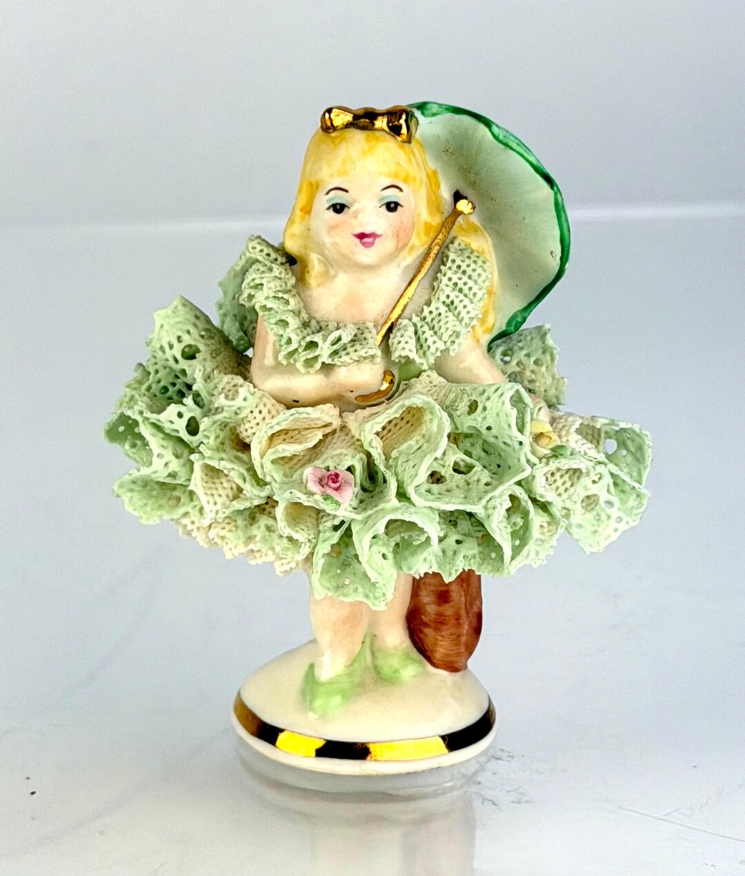 Irish Dresden Deirdre Lace Figurine, Green Umbrella Parasol Girl ...