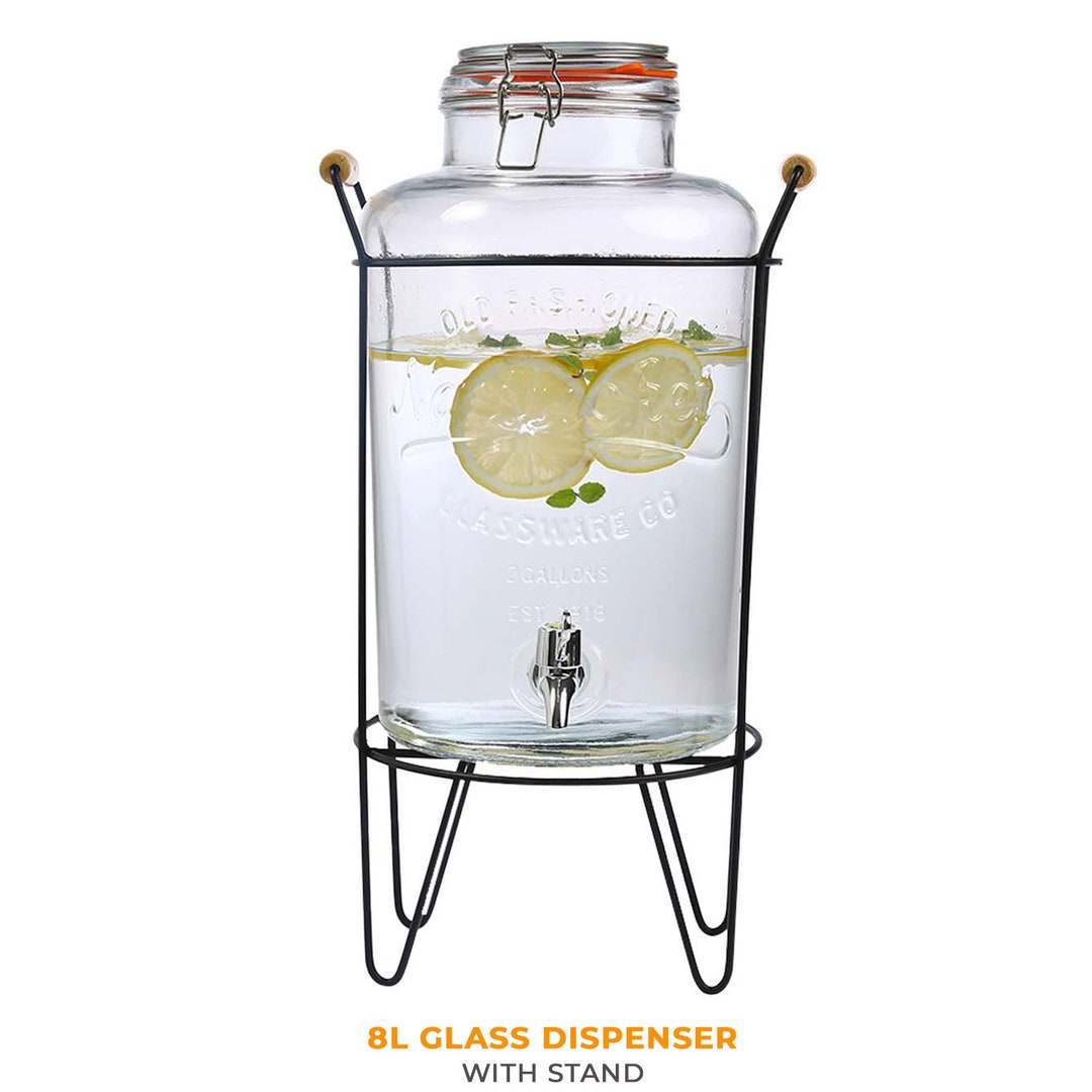 8L Glass Vintage Beverage Drinks Dispenser on Metal Stand Cocktail Jar ...