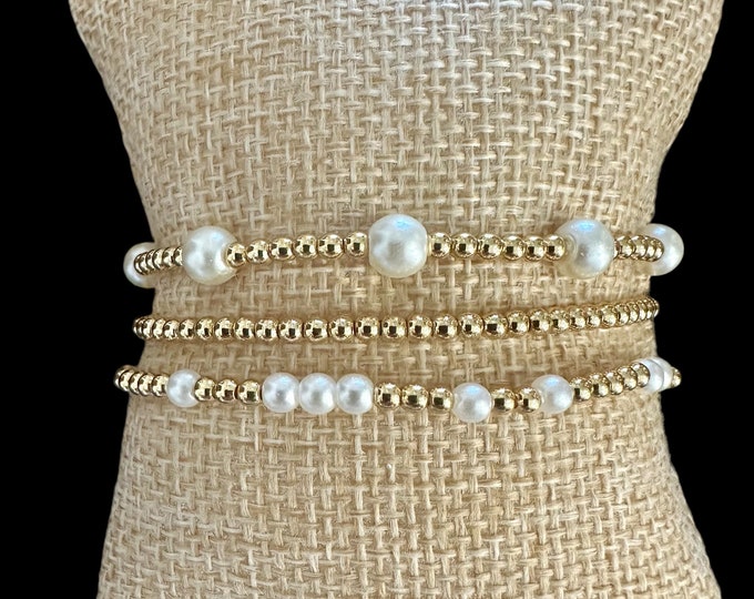 3 Piece 18K Gold Filled Pearl Bracelet Stack - Etsy
