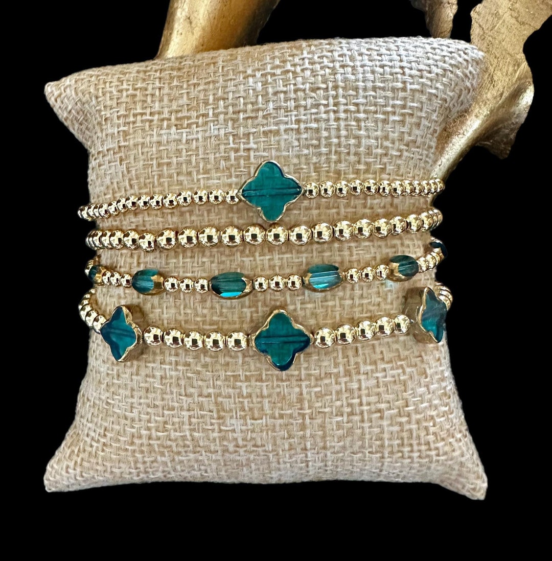 Designer Clover Design 18K Gold Filled Beaded 4 Piece Bracelet Stacks ...