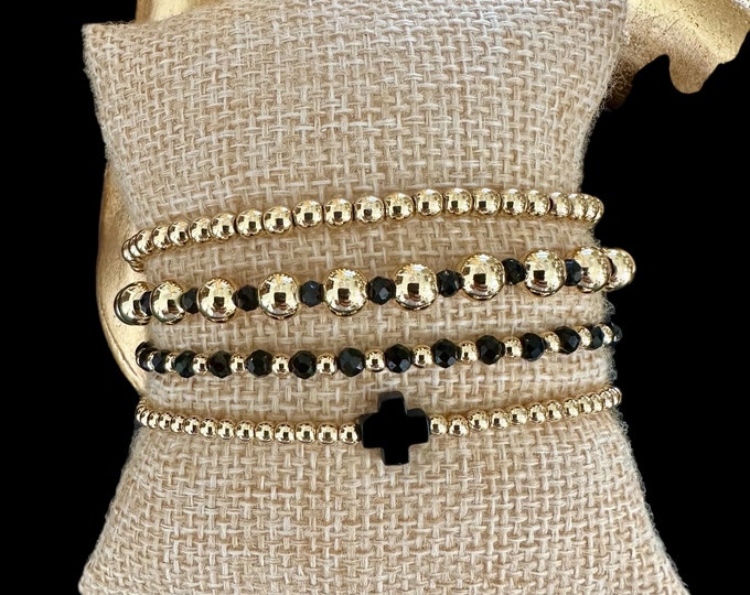 Onyx & Gold Beaded Bracelet Stack for Women, Beaded Stacked Bracelet ...