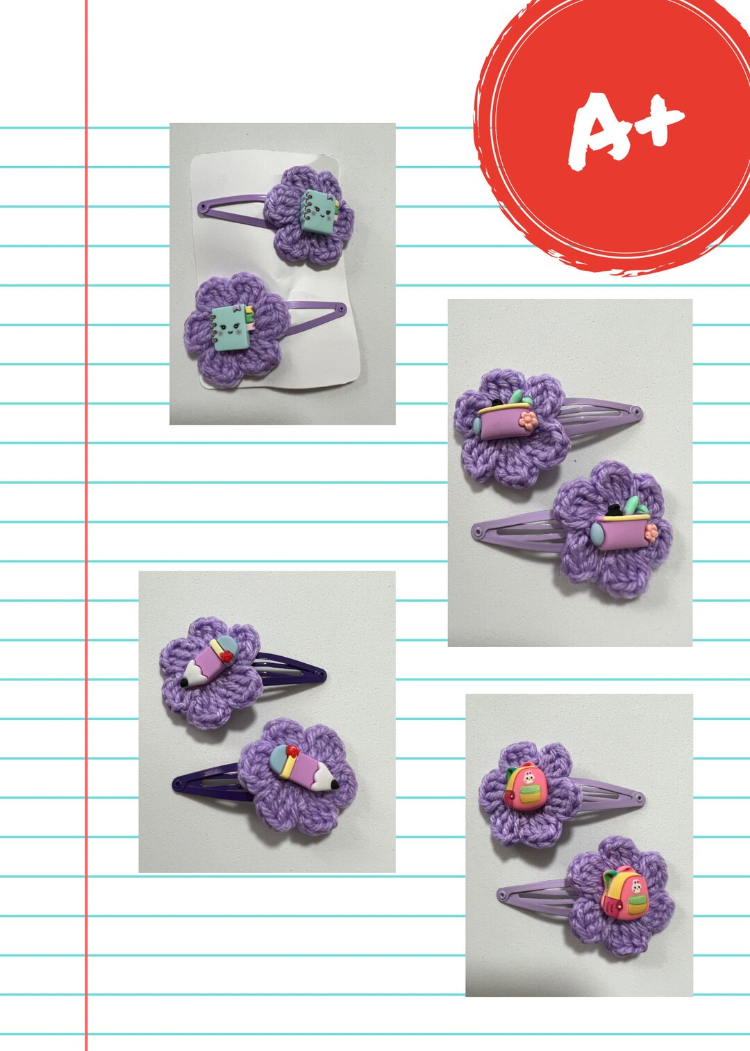 Back to School Hair Clips.hand Crochet Clips.knitted Flowers Snap Clips ...