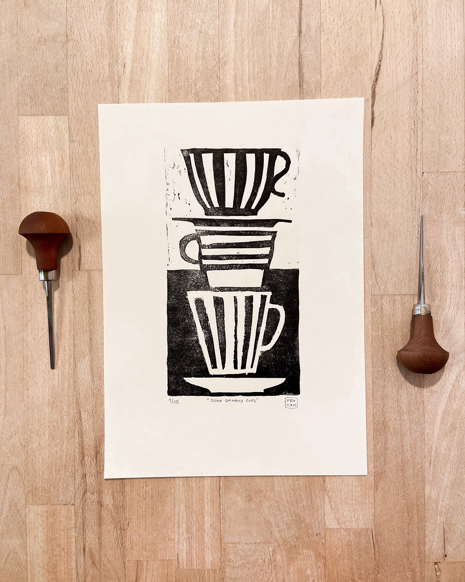 Some of Many Cups - 3 Geometric Cups - Linocut Print - Original Linocut ...