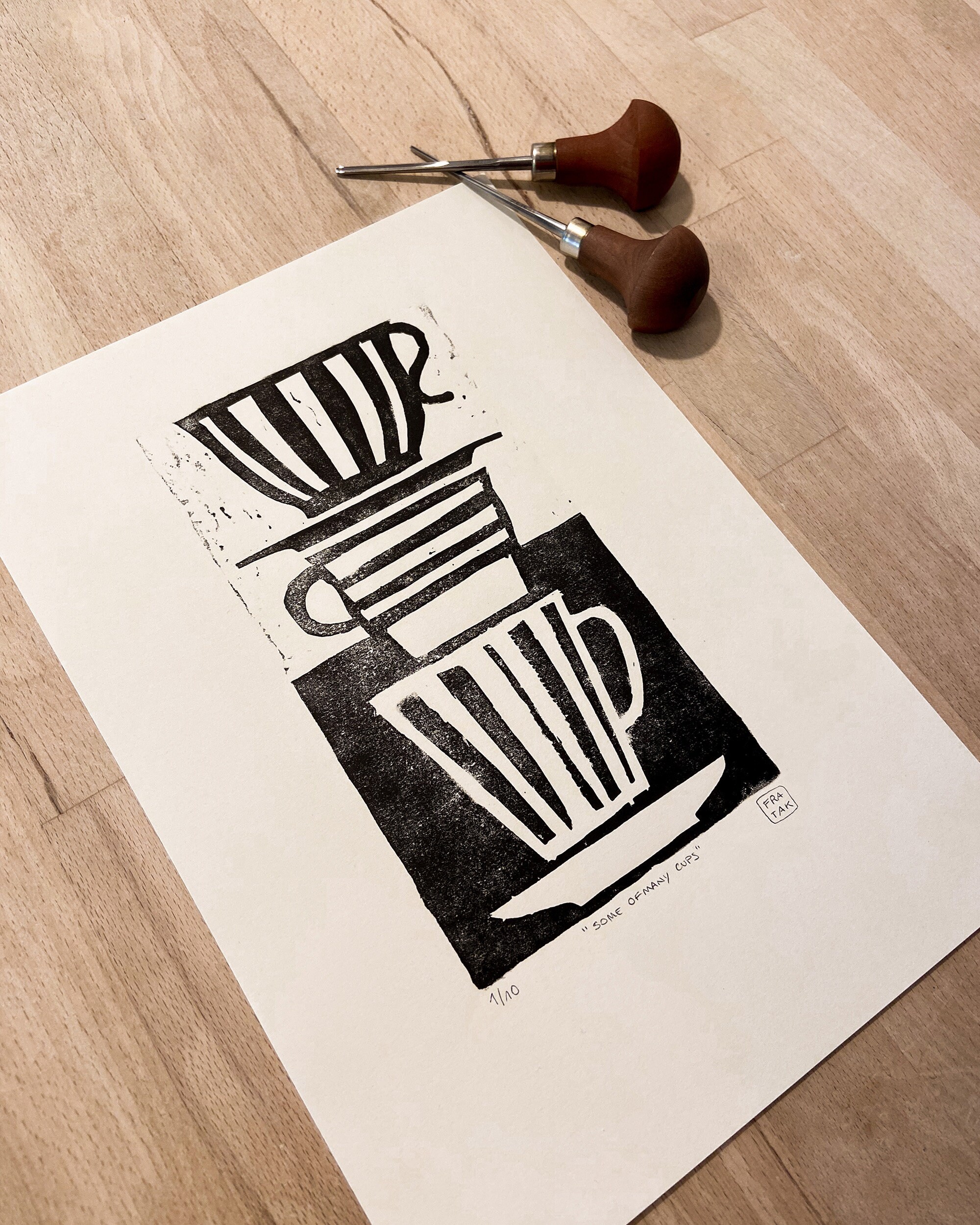 Some of Many Cups - 3 Geometric Cups - Linocut Print - Original Linocut ...